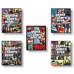 PurpleheARTs | GTA Poster Prints - Set of 5 UNFRAMED (8 inches x 10 inches) GTA Game Poster Prints - Grand Theft Auto Wall Art Decor,