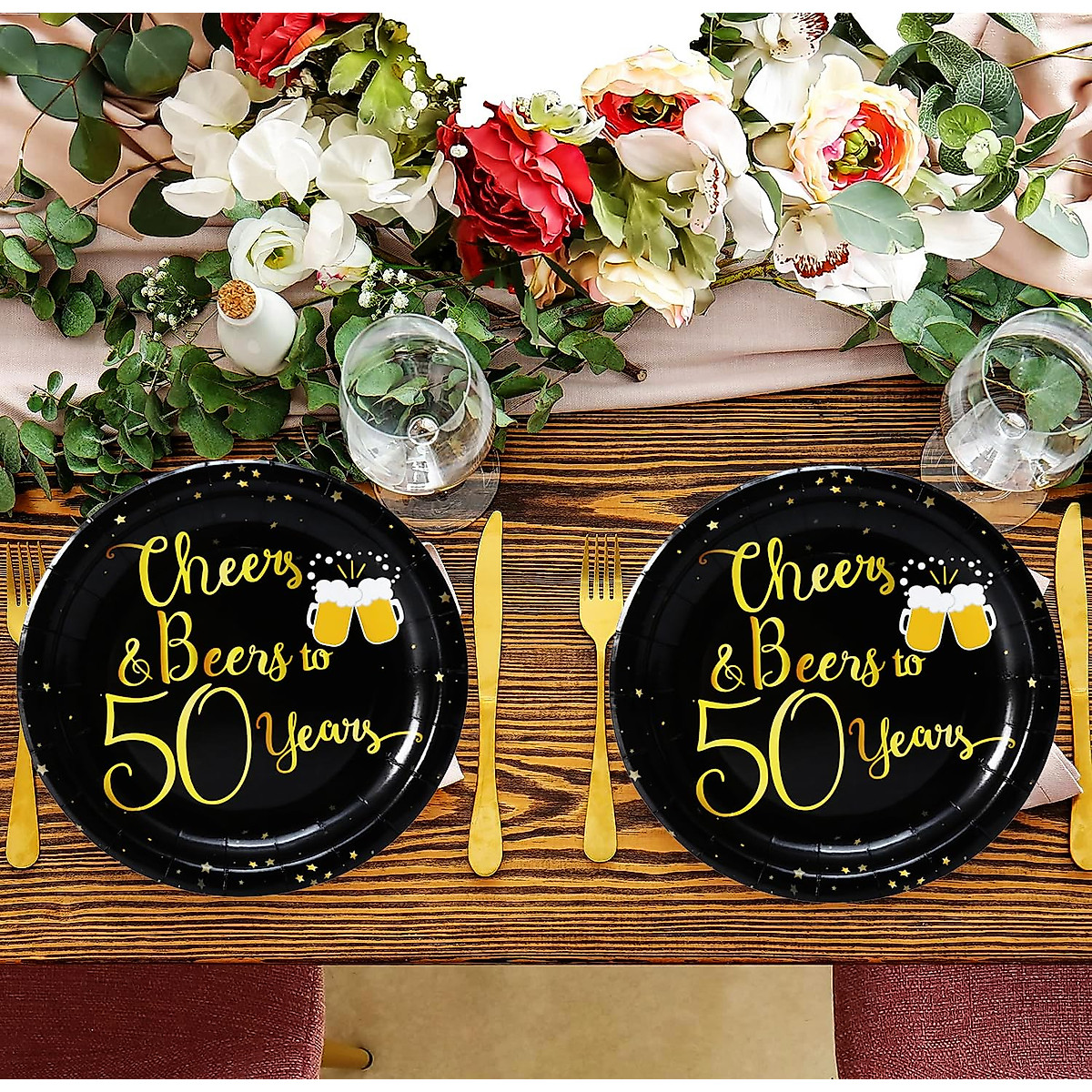 50Pcs 50th Birthday Plates 50th Birthday Party Supplies 7"50th Dessert Plate Cheers to 50 Years Cake Plates for Cheers & Beers Black Gold Theme 50th Birthday Anniversary Whiskey Party Decoration(50th)