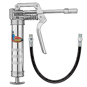 Slippery Pete Mini Pistol Grip Grease Gun. Heavy Duty Design for 3oz Cartridges. 12 inch Flexible Hose and 5 inch Rigid Extension Pipe