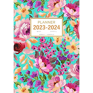 Planner 2023-2024: A4 Weekly and Monthly Organizer from May 2023 to April 2024 | Painted Colorful Flower Design Turquoise