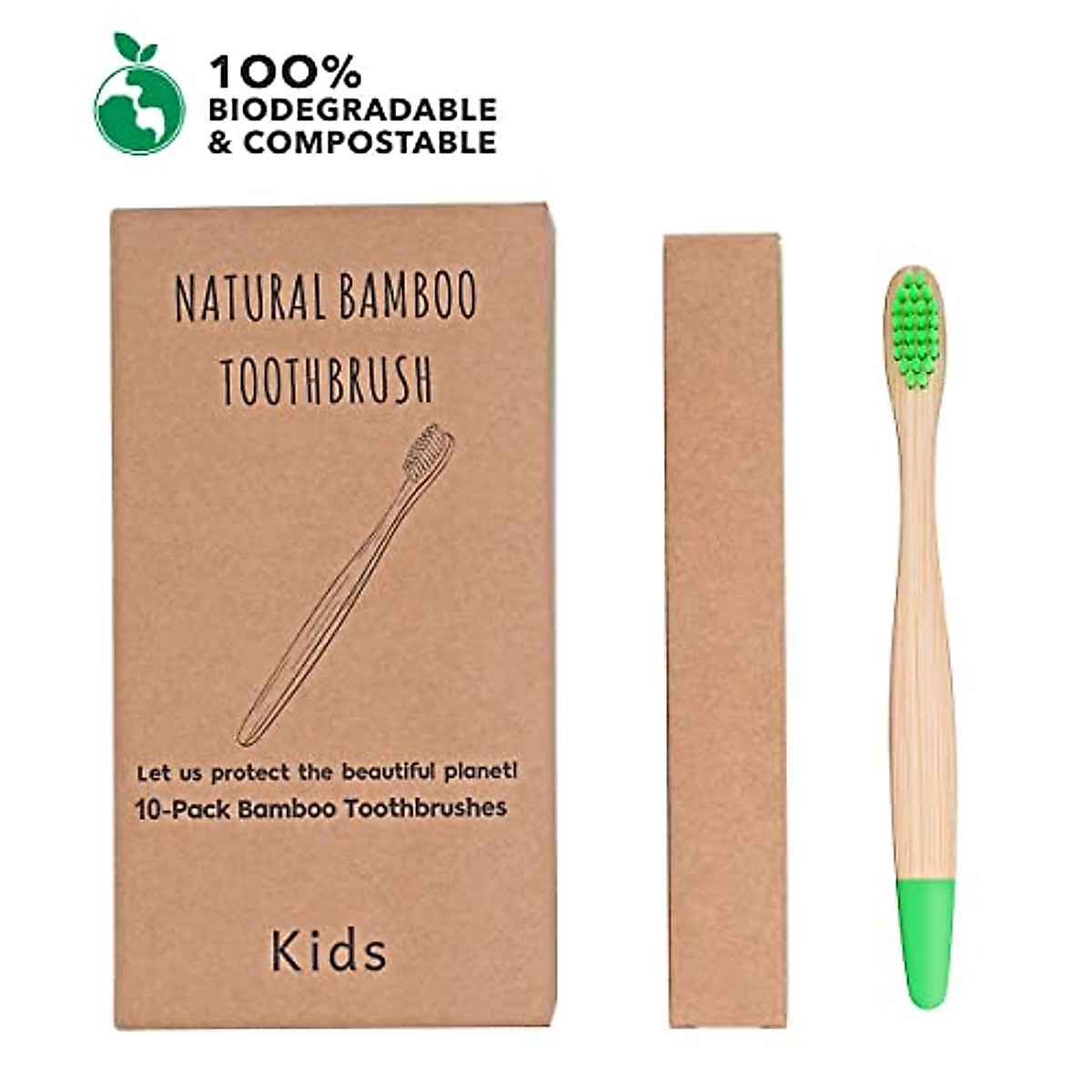 OUTIN Kids Bamboo Toothbrushes 10 Pack Soft Bristles, Children's Toothbrush Eco Friendly Biodegradable Wooden Handle Tooth Brush