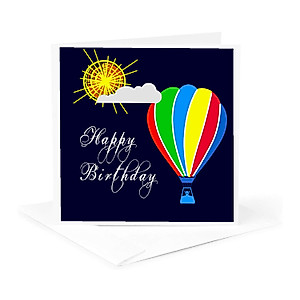 3dRose Greeting Card - Colorful hot air balloon, sun, text Happy Birthday on blue - Alexis Design - Hot Air Balloon