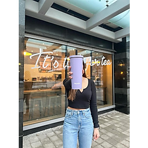 Stainless Steel Bubble Tea Cup - Bumbler 24oz Large Reusable Eco-Friendly Tumbler with Wide Soft Tip Metal Straw, Leak-Proof Lid - for Boba, Smoothies, Iced Coffee, Hot or Cold Drinks - Lavender