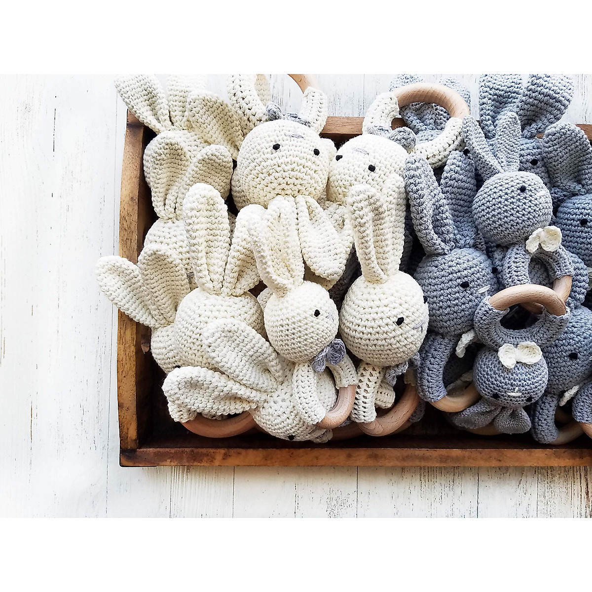 Natural Wooden Baby Toys Cotton Crochet Bunny Teething Ring Teether Rattle Set of 2 Newborn Unisex Baby (Grey Mama White Baby)