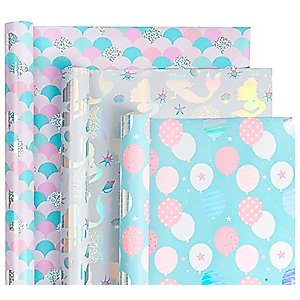 WRAPAHOLIC Wrapping Paper Roll - Mini Roll - 3 Rolls - 17 Inch X 120 Inch Per Roll - Mermaid Scale and Jellyfish Design with Colorful Foil for Birthday, Holiday, Baby Shower