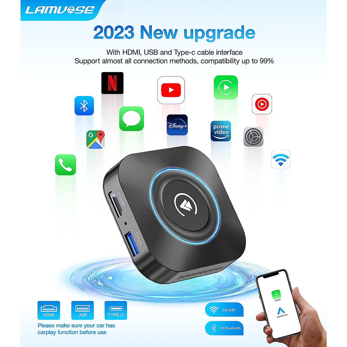 CarPlay Wireless Adapter, CarPlay Box Supports NetfIix/YouTube/Tiktok/Disney+/Hulu, Apple CarPlay/Android Auto Wireless Adapter 2024 Newest, Ai Box for Factory Wired CarPlay Cars from 2015