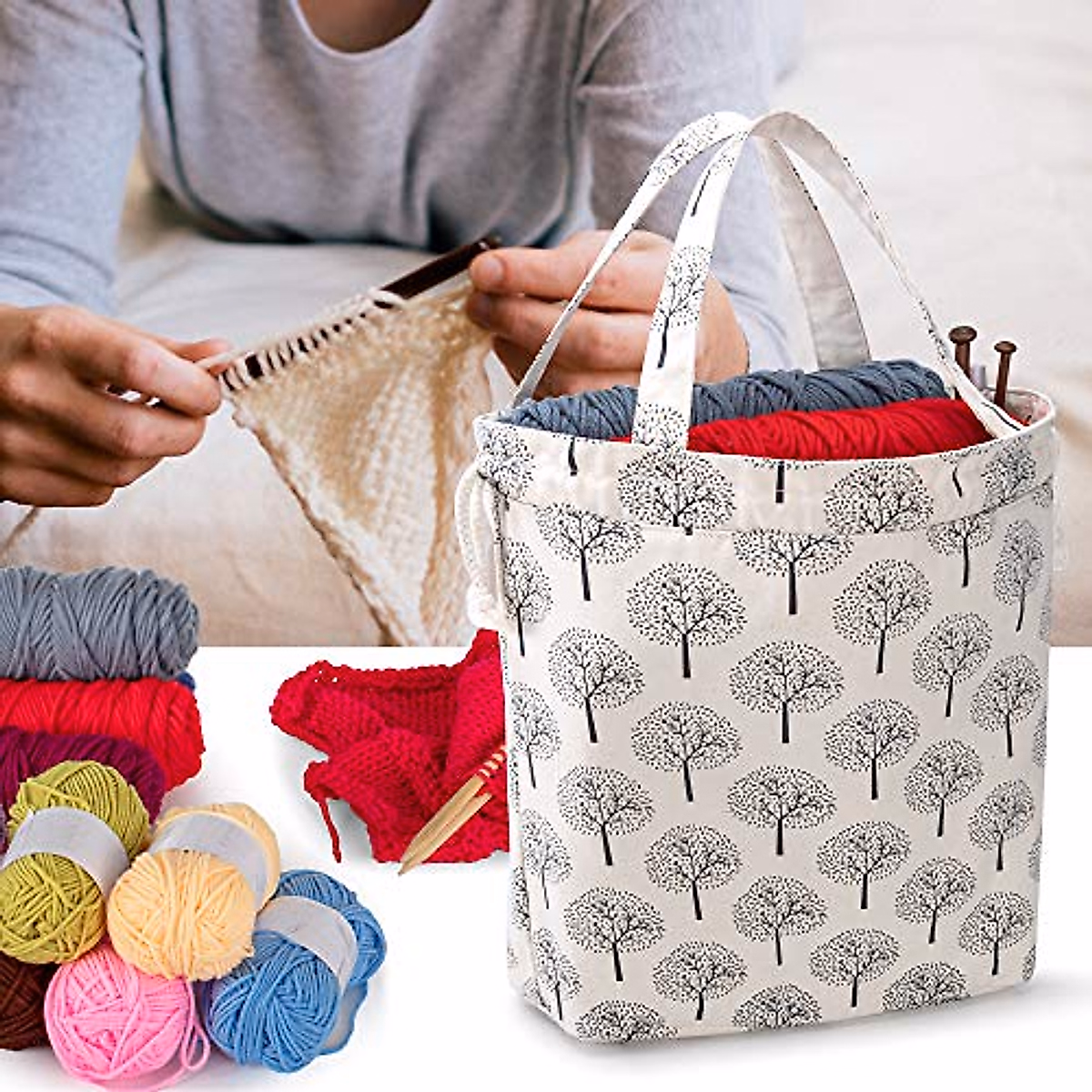 Teamoy Knitting Tote Bag with Drawstring Closure, Portable Yarn Storage Bag for Knitting Needles, Yarn Skein and Crochet Supplies, Tree (Bag Only)