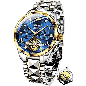 OUPINKE Mens Automatic Watch Blue Skeleton Mechanical Luxury Diamond Self Winding Dress Wrist Watches Sapphire Crystal Tungsten Steel Business Gifts