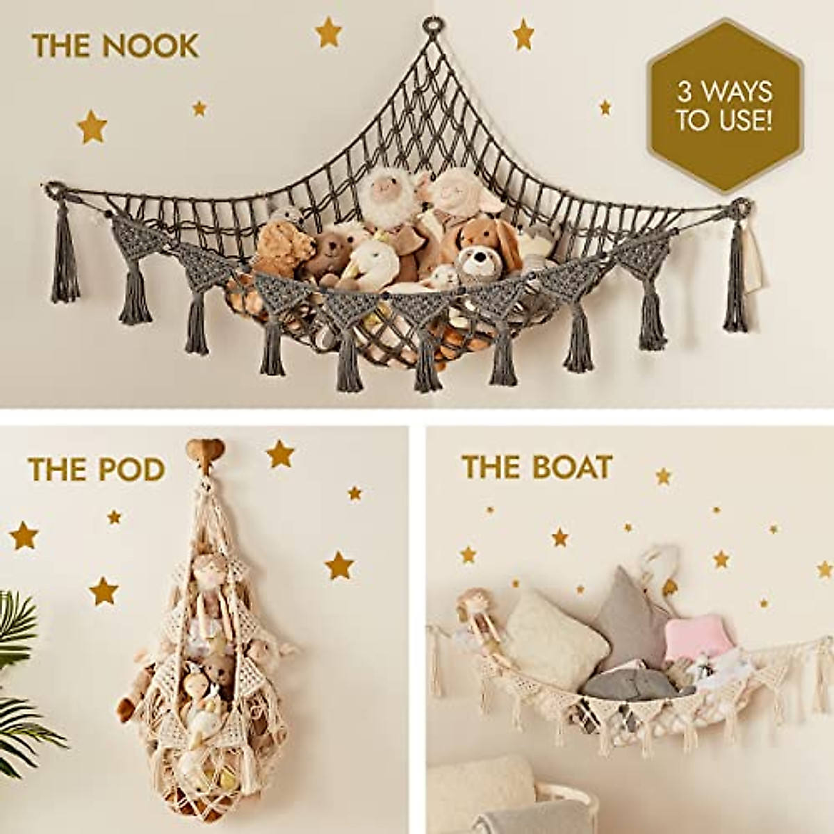 TIDYTEDS Macrame DreamLights Boho Stuffed Animal Storage Net for Stuffed Animals (Extra Large) and Stuffed Animal Net or Hammock for Small Stuffed Animals or Plushies. Plush Cream Toy Storage Holder
