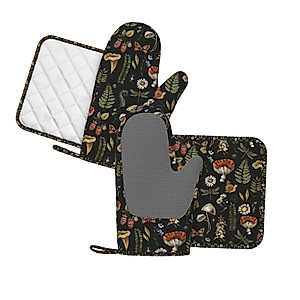 Mushroom Oven Mitts Pot Holders Set Silicone Vintage Magic Leaf Kitchen Gloves Potholders Heat Resistant for Chef Baking Cooking Grilling BBQ 4 Pack Mitt