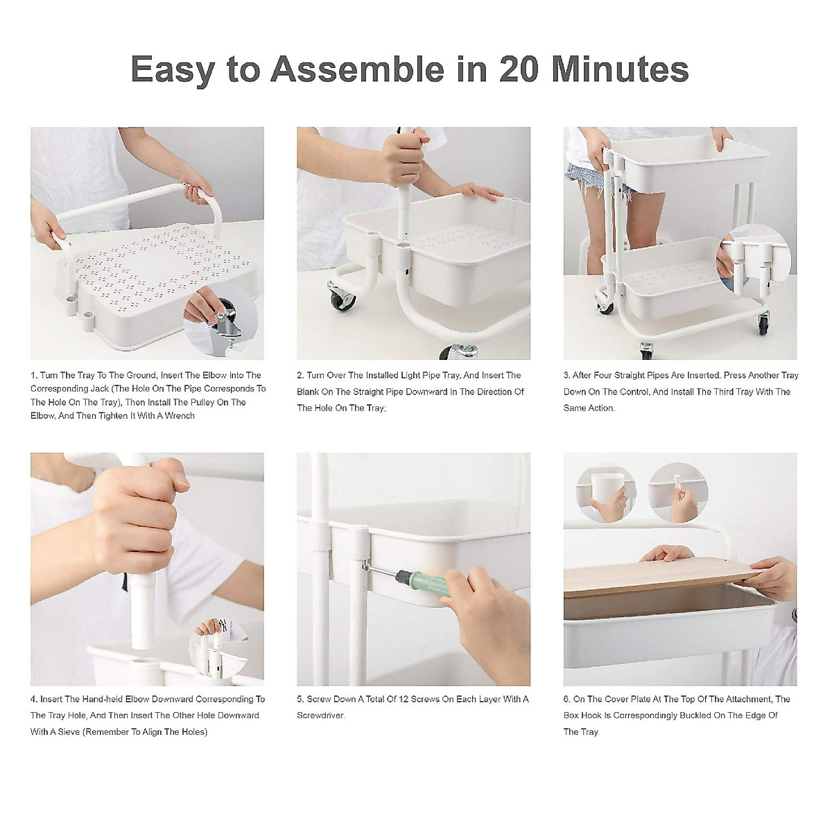 DTK 3 Tier Utility Rolling Cart with Cover Board, Rolling Storage Cart with Handle and Locking Wheels Kitchen Cart with 2 Small Baskets and 4 Hooks for Bathroom Office Balcony Living Room(White)