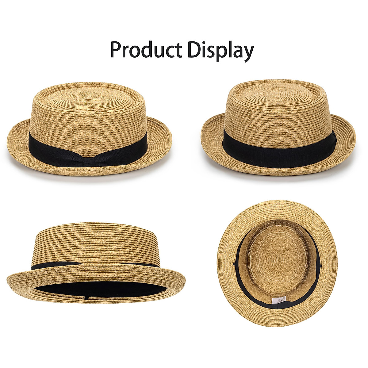 Pork-Pie-Hat-for-Men-Women Straw-Boater-Hat - Classic Boater Derby Sun Hats with Grosgrain Band Khaki