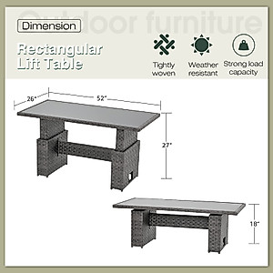 SUNSITT Outdoor Patio Lift Dining Table, Rectangle Patio Coffee Table with Glass Tabletop, Wicker Furniture Multi-Function Dining Table for Backyard, Deck, Garden, Grey