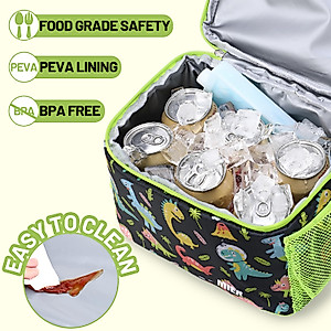 MIER Kids Lunch Bag for Boys Girls Insulated Toddlers Lunch Box Bags Kid Lunch Cooler Tote for School Picnic Travel Outdoor, Dual Compartments, Green/Black-Dinosaur