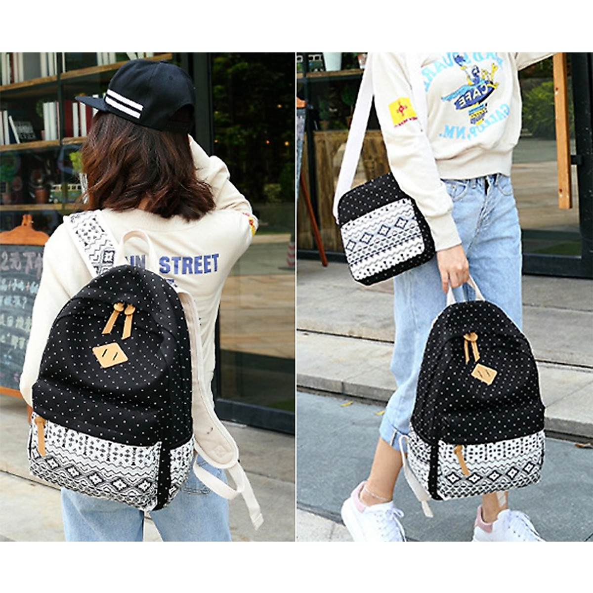goldwheat Canvas Print Backpack Cute Teen Backpacks for Girls School Bag with Lunch Bag