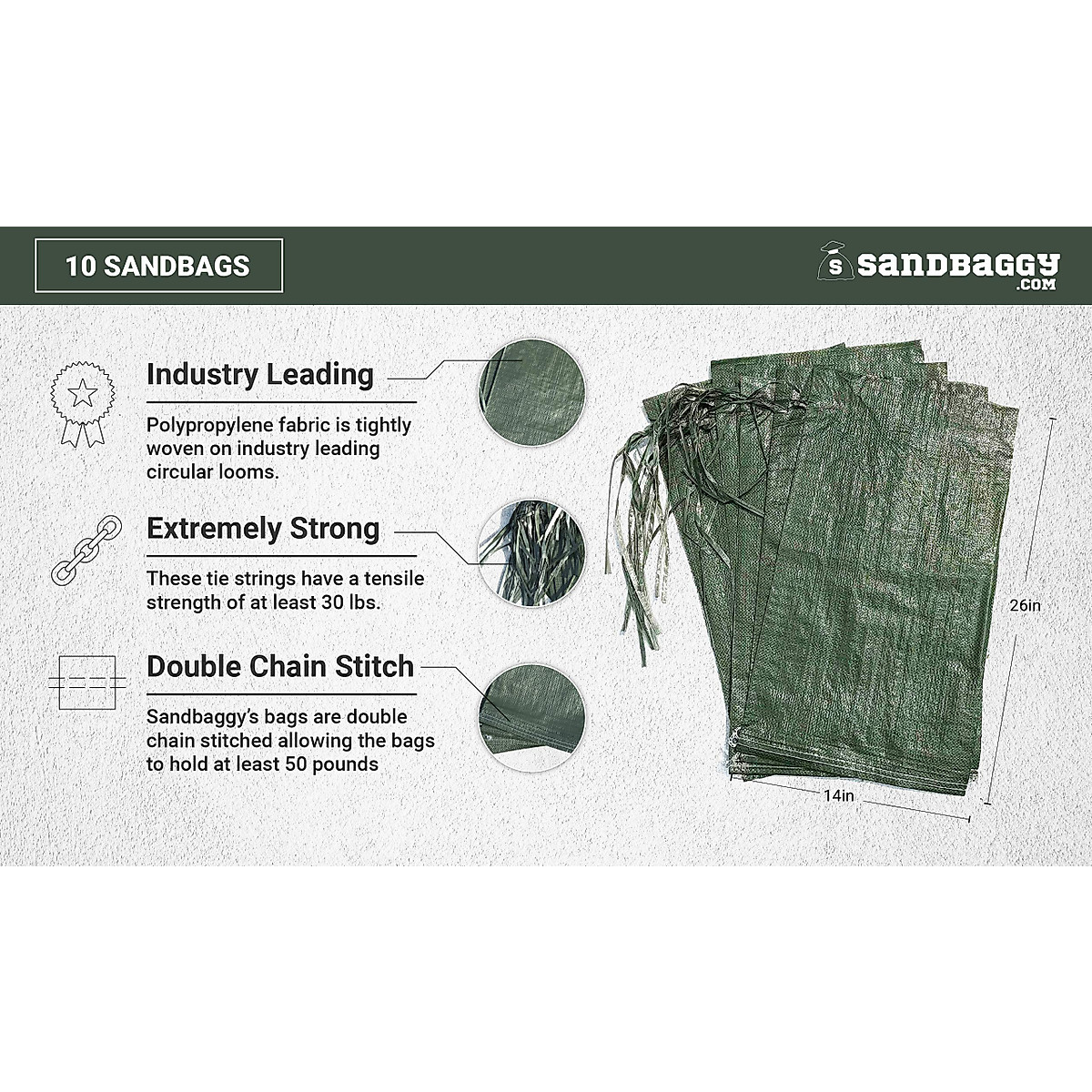 Sandbaggy - Heavy Duty Empty Sandbags For Flooding (14" X 26") - Poly Sand Bags For Flood Barrier, Weight, Construction, Earth Bag Homes - Reusable, UV Resistant - Tie Strings Attached (10 Bags)