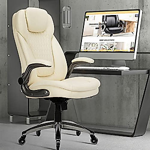 COLAMY High Back Office Chair, Ergonomic Executive Chair with Padded Flip-up Arms, Adjustable Tilt Lock, Computer Desk Chair Swivel Rolling Home Office Chair for Adult Working Study, Ivory