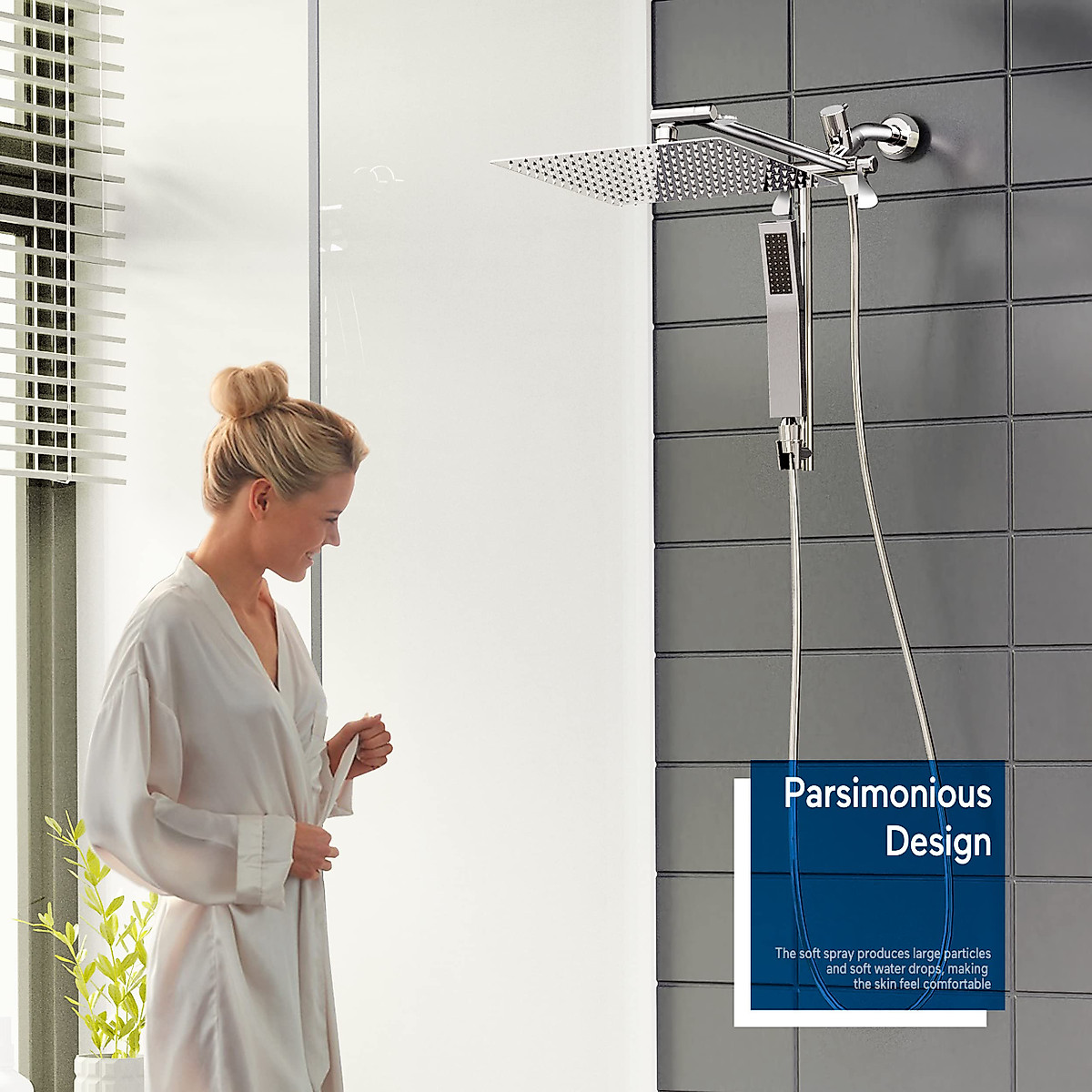 Shower Head with Handheld, MUFECO 8'' All Metal Rain Shower Head High Pressure Dual Square Shower Head Combo with Adjustable Extension Arm and 3 Spray Settings Anti-leak with Holder/Hose