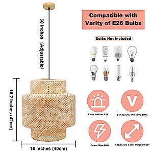 Frontsea Rattan Pendant Lighting for Kitchen | Bamboo Lampshade Handmade Weave Lighting | Wooden Boho Decor | Modern Hanging Ceiling Light Fixture (16inch)