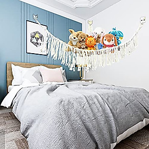 Boho Stuffed Animals Net Or Hammock Large,55 inch Toy Hammock Macrame Stuff Animal Storage Corner Hanging Net Holder,Mesh Hammock Plush Toy Organizer with Tassel & Hooks for Bedroom