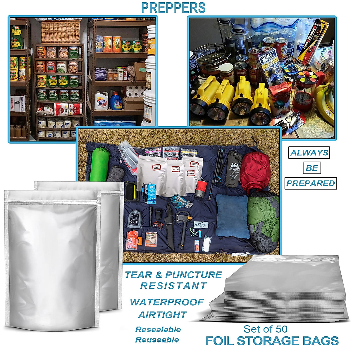 One Gallon Resealable 4.7 ml Mylar Bags, 50 Unit Set with 300cc Oxygen Absorbers and Labels; Thick and Heat Sealable. Food Storage Done Easy!