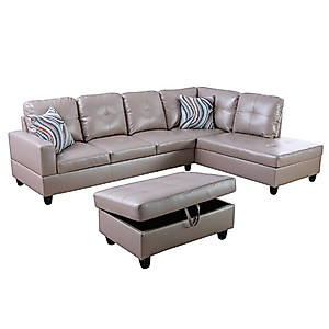 NOTOP 3-Piece Faux Leather L-Shaped Sectional Sofas, Button Tufted Upholstered Couch Set with Right Chaise Longue and Storage Ottoman, for Living Room, Home, Office, Latte