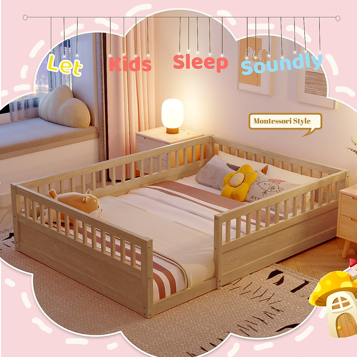 Floor Bed for Kids, Full Size Montessori Bed with High Fence Railings, Wood Playhouse Bed with Rails for Baby Boys Girls Teens, No Slats Included, Natural