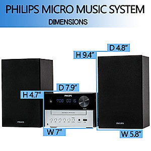 Philips Bluetooth Stereo System for Home with CD Player, Wireless Streaming, MP3, USB, Audio in, FM Radio, 15W, Micro Music Sound System