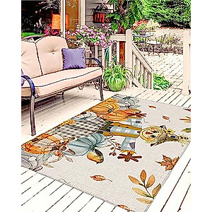 Outdoor Rug 4' x 6', Fall Scarecrow Large Area Rugs for Patio/RV/Deck/Porch/Indoors, Thanksgiving Pumpkin Autumn Leaves Water Absorption Camping Rug Carpet, Lightweight Washable Rug Runners