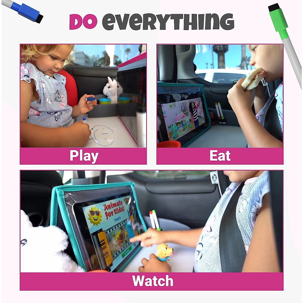 Kids Travel Tray with Dry Erase Board, Car Seat Lap for Food & Play Activity, Carseat Table Trays for Toddler, Kid Activity Desk for Air Travel, No-Drop Tablet Holder & Borders (Grey with Pink Frame)