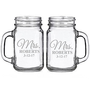 Mrs. and Mrs. Classic Script Personalized Glass Mason Mugs (set of 2)