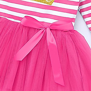 Baby Girls Shinny Stripe Long Sleeve Printed Princess Casual Birthday Tutu Tulle Dress Hot Pink Crown(Two Years)