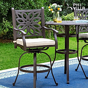 PHI VILLA Patio Furniture Set, Brown 3Pcs Cast Aluminum High Top Table and Swivel Bar Stools with Cushion, Pub Bistro Set for Outdoor
