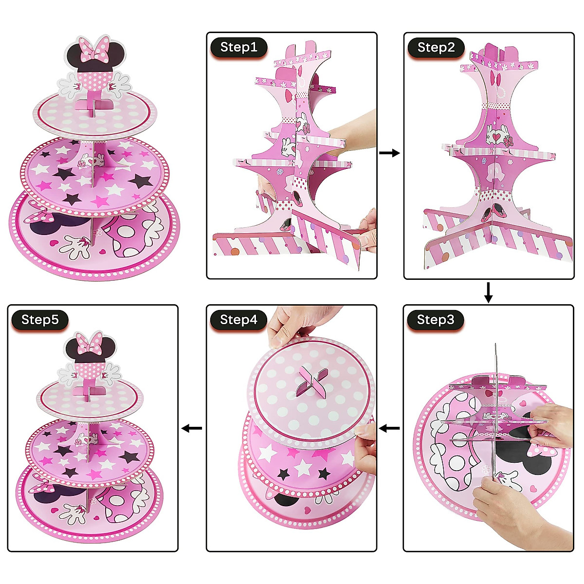 Jouierty Pink Cupcake Stand Cartoon Mouse Cardboard Dessert Tower Serving Tray for Kids Girls Birthday Party Decoration Baby Shower Decor Tea Party Cup Cake Holders Display Table Decorate Supplies
