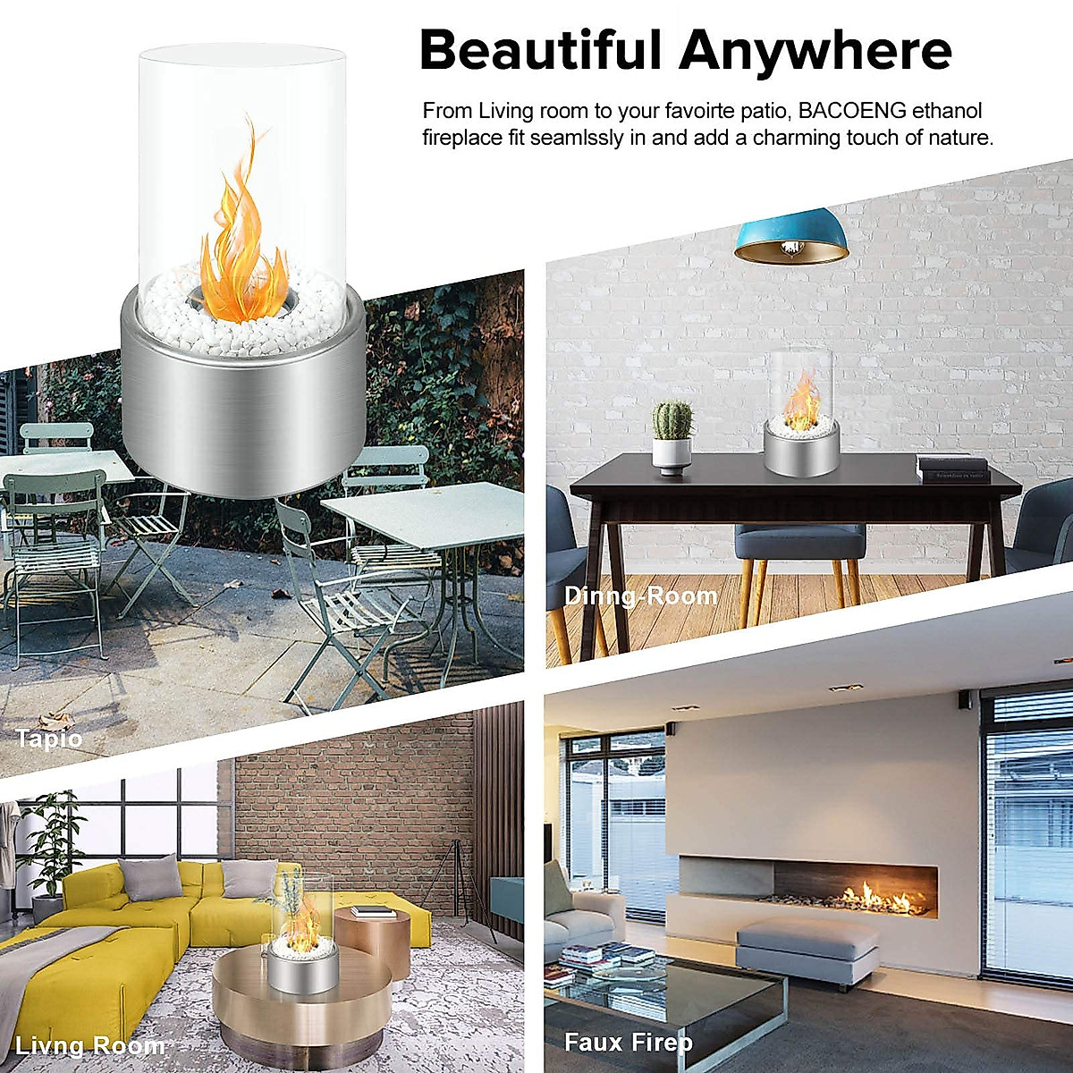 BRIAN & DANY Tabletop Fire Pit, Mini Portable Table Top Firepit Bowl, Ethanol Tabletop Fireplace for Indoor & Outdoor, Silver