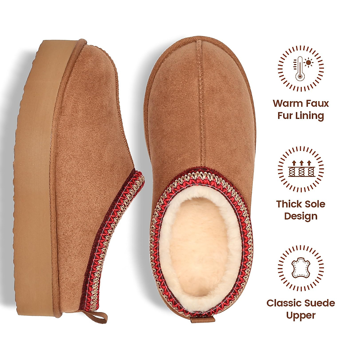 ZEXSAFETY Platform Slippers for Women Snow Winter Womens Slippers Fluffy House Slippers for Indoor and Outdoor Chestnut 8