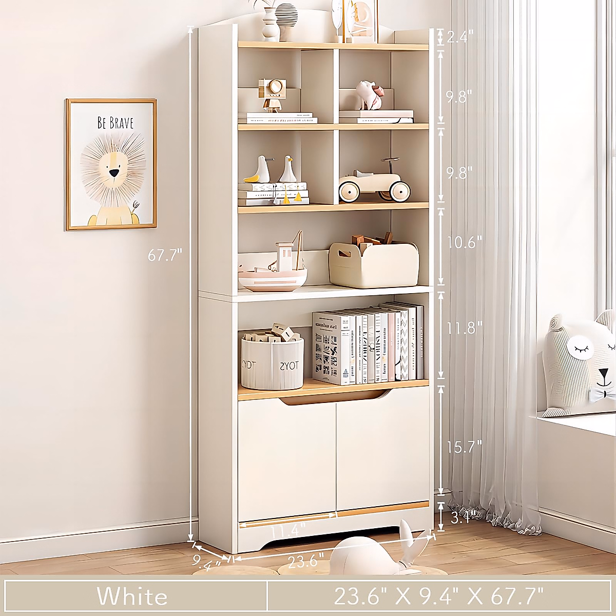 IOTXY Wooden Shelf Bookcase with Doors - 5-Tier Bookshelf with Storage Cabinet, Free Standing Display Rack, for Home Office, Living Room, Bedroom, White