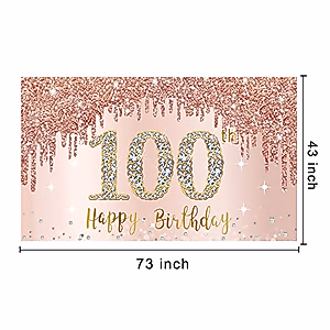 Happy 100th Birthday Banner Backdrop Decorations for Women, Rose Gold 100 Birthday Party Sign Supplies, Pink 100 Year Old Birthday Poster Background Photo Booth Props Decor