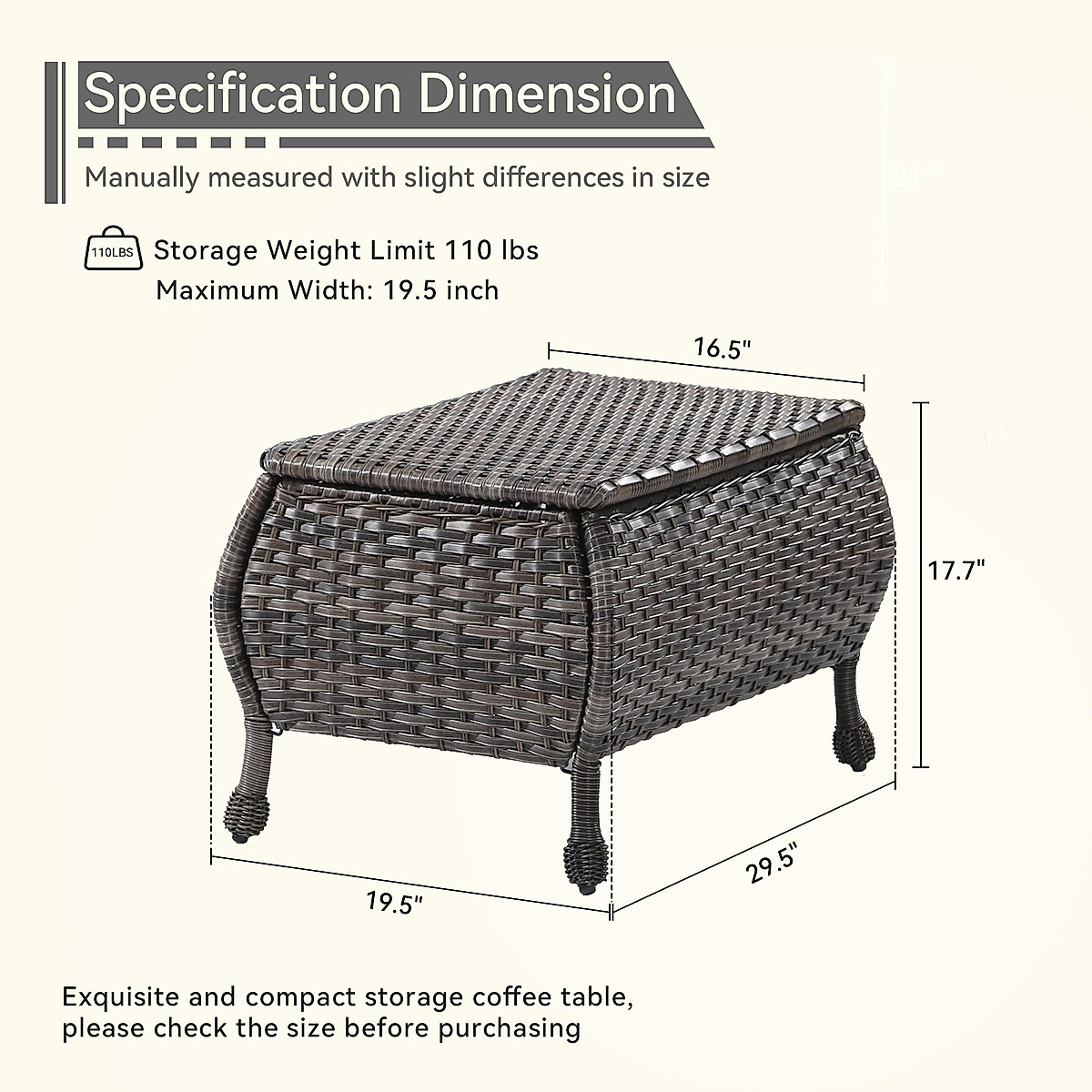 Gardenbee Outdoor Storage Table Patio Coffee Table All Weather Wicker Side Table with Storage Room Rattan Furniture for Toys and Garden Tools