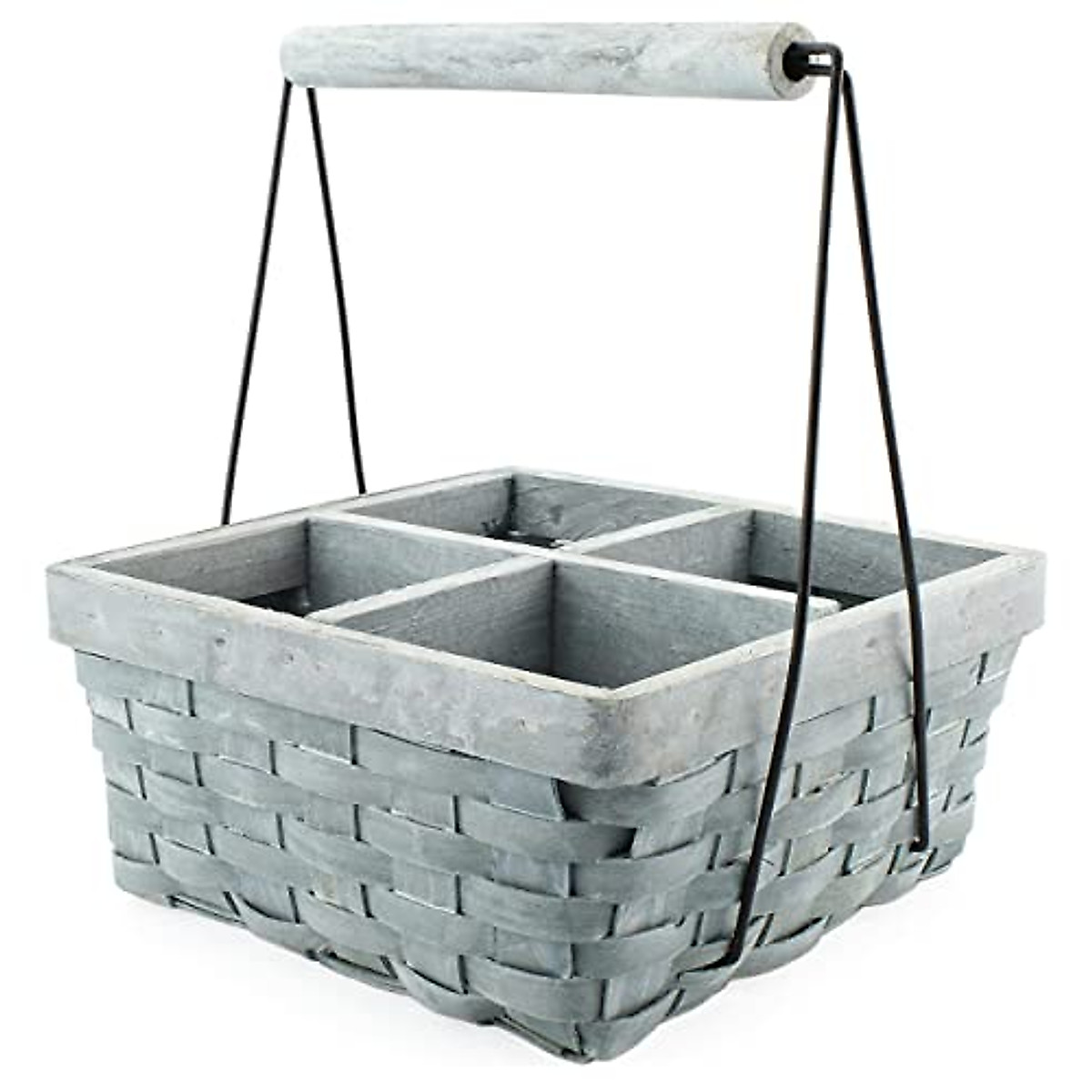 AuldHome Wood Basket Caddy (Gray Washed), 4-Compartment Carry-All Divided Organizer, Great for Easter/Spring Gift Basket