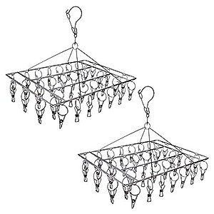 2 Pack Stainless Steel Sock Drying Rack with 72 Clips, Swivel Wind-Proof Hook Clothes Hanger Dryer for Sock, Underwear, Bra, Laundry Accessories