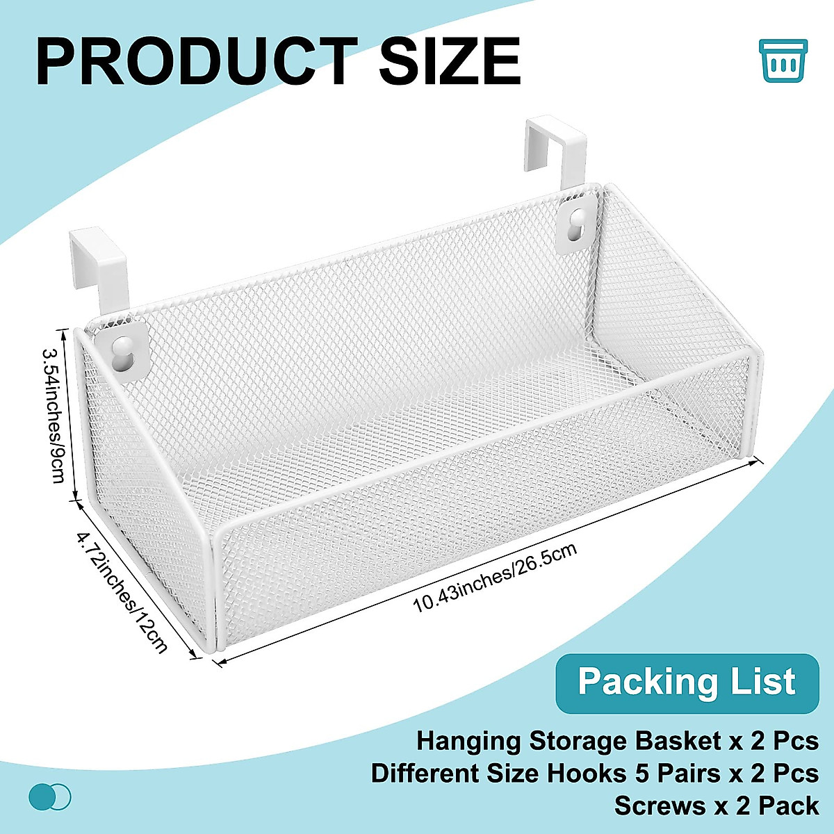 Rtteri 2 Sets Bedside Shelf Bed Metal Storage Basket Bunk Bed Shelf with 10 Pair 5 Different Size Hooks Bed Side Organizer Caddy Hanging Organizer for Home Office Desk Phone Book(White)