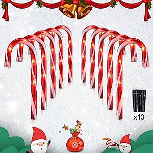 PerPaiMe 10" Christmas Candy Cane Lights - Set of 10 Pathway Markers Christmas Outdoor Yard Decorations, Xmas Candy Cane Stake Lights for Lawn, Walkway, Garden, Xmas Party Indoor Ornaments