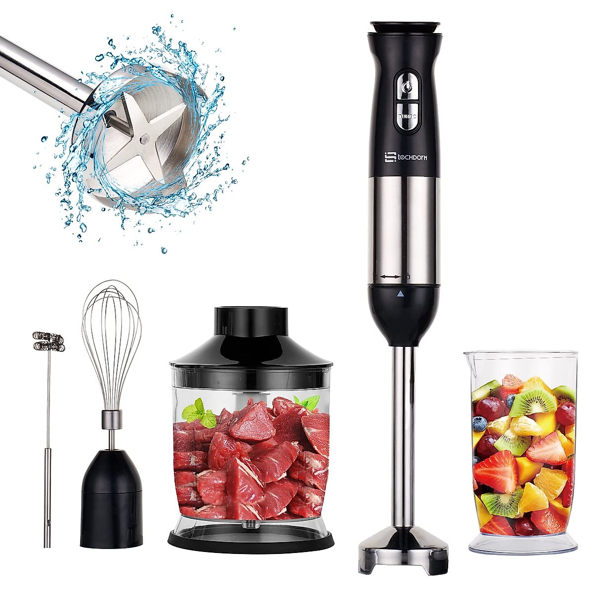 Immersion Hand Blender, 5 in 1 Multi-Purpose Hand Blender, 12 Speed+Turbo Stick Blender with 500ml Chopper, 700ml Beaker, Egg Whisk, Milk Frother, Black