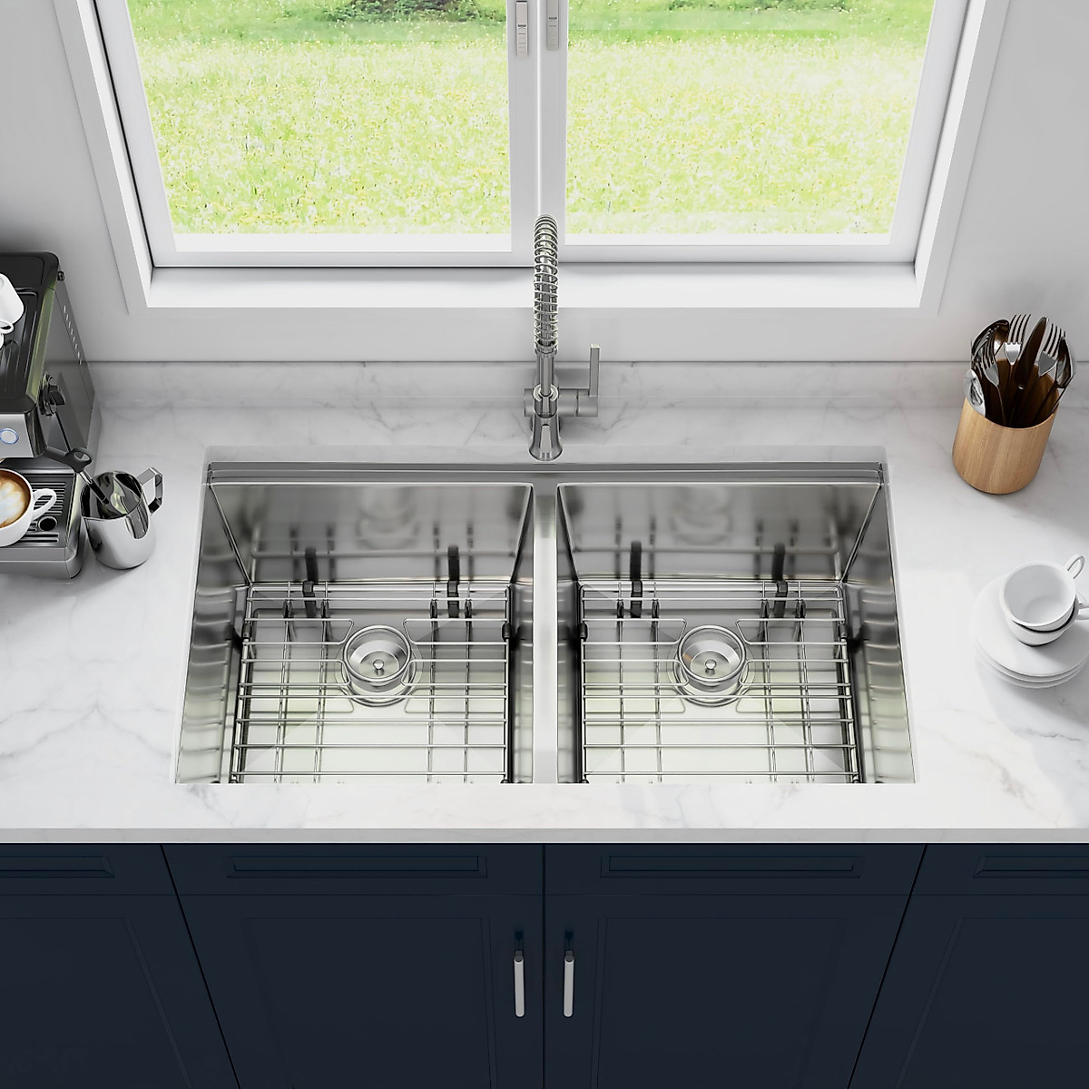 JoviPrime 32 Inch Undermount 50/50 Double Bowl Kitchen Sink Workstation 16 Guage Stainless Steel Undermount Rectangular Deep Kitchen Sinks with Integrated Ledge and Accessories 32" x 18" x 10"