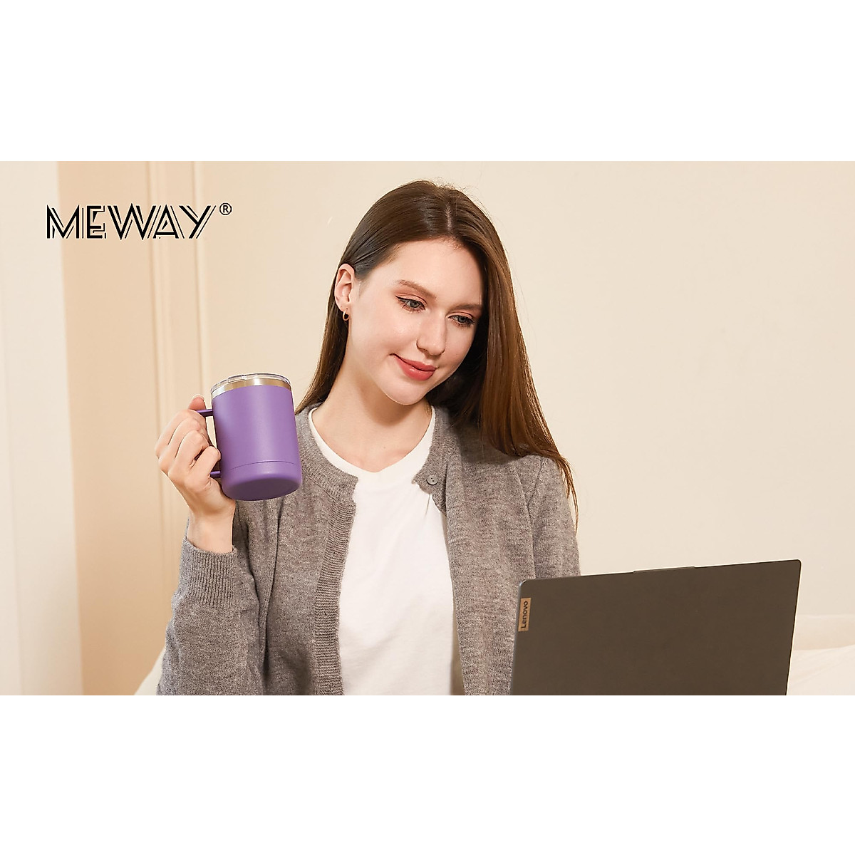 MEWAY 12oz Coffee Mug With Handle and Sliding Lid,Stainless Steel Travel Tumbler Cup with Handle,Double Wall Vacuum Insulated Camping Cup for Hot & Cold Drinks Tea (Purple,Set of 1)