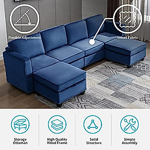 CECER Modular Sectional Sofa Couch,4 Seater Free Combination Sofa Couch with 2 Movable Storage Ottomans, Convertible Sofa Couch with Adjustable Armrest and Backrest for Living Room（Dark Blue）