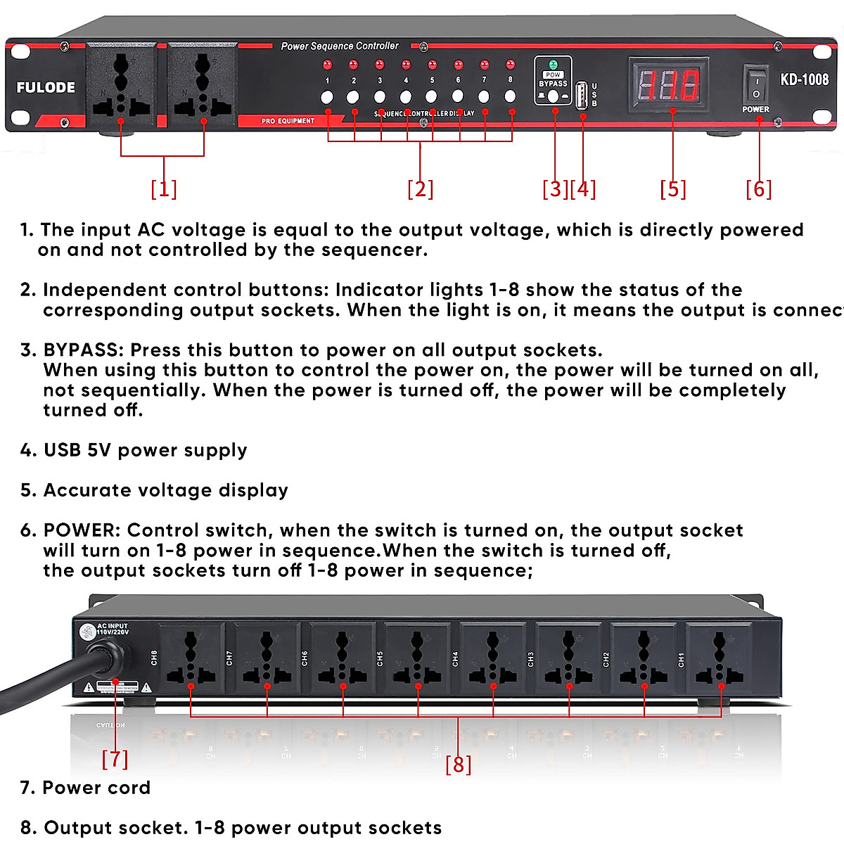 FULODE 10 Outlet Power conditioner -8 Independent Switch Rack power, Power conditioner rack mount Audio power conditioner Regulator w/Voltage Readout, With USB,Surge Protector (KD-1008)