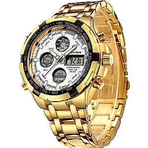 TRENDSTAR Golden Hour Mens Wrist Watch, Luxury Analog Digital Sports Watch for Outdoor, Stainless Steel & Waterproof, with Alarm & Stopwatch, Japanese Quartz Movement, Gifts for Men (Golden White)