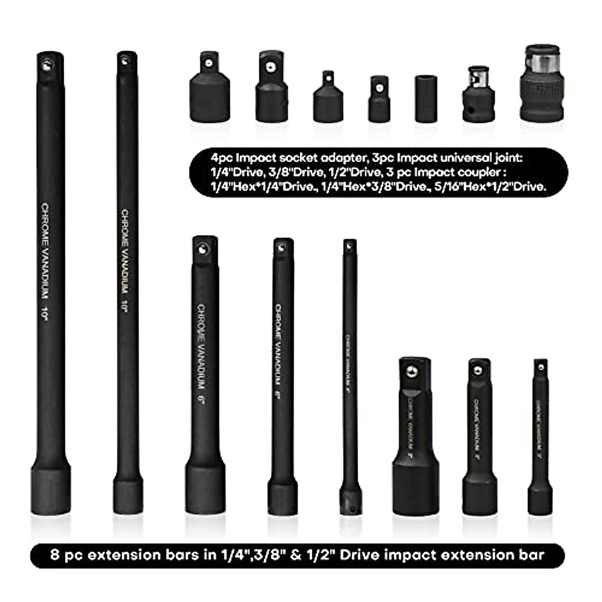 SEKETMAN 18-Piece Drive Tool Accessory Set,Includes Socket Adapters, Extensions and Universal Joints and Impact Coupler, Professional Socket Accessories